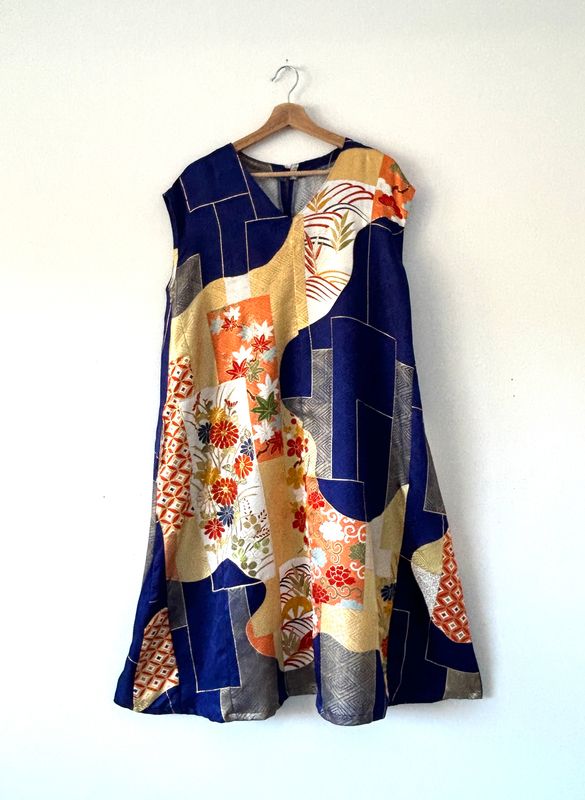 Upcycked Furisode Silk Kimono Dress - Autumn Night