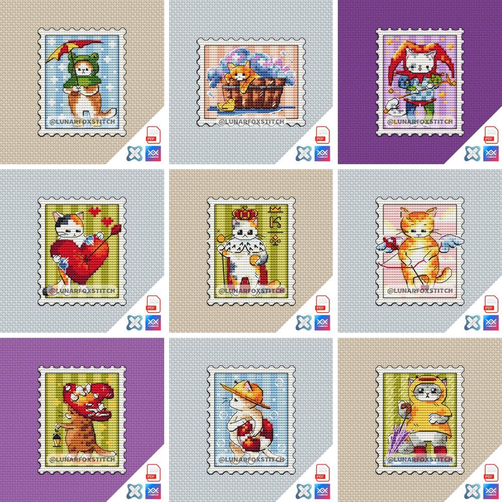 Cat - set of 9 - postage stamp cross stitch pattern