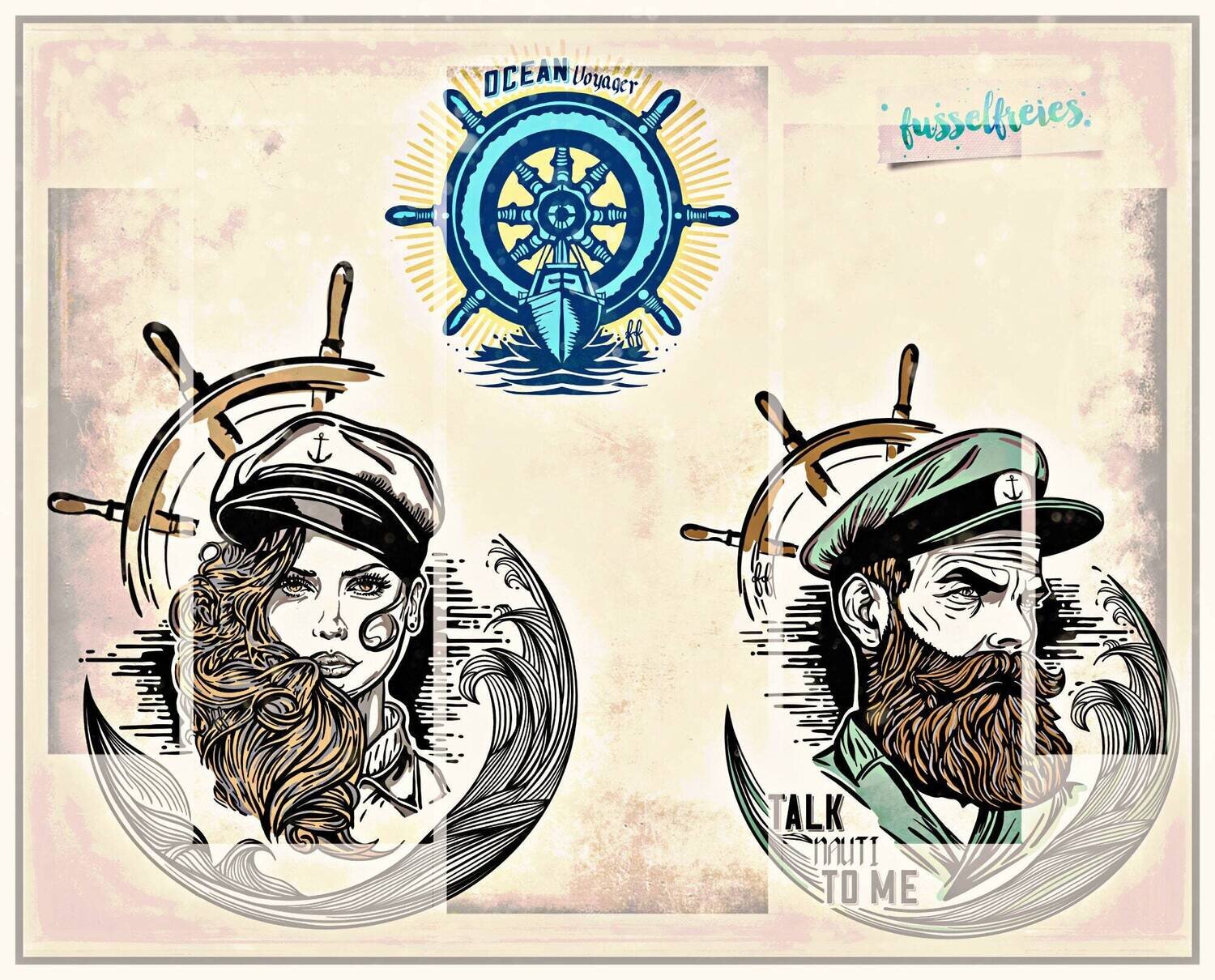 Seefrau + Seemann Vol2 + Steuerrad - Plotterdatei DXF SVG Kombi-Serie Sailor Seefahrt, Maritim ...