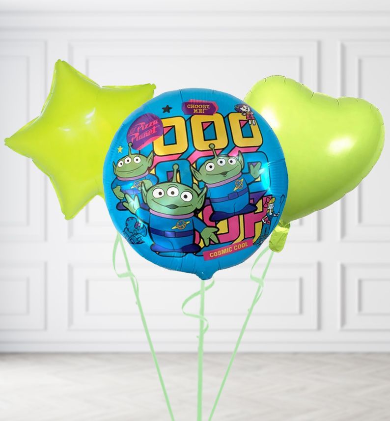 An 18 inch Toy Story Alien Balloon featuring a double sided Toy Story ...