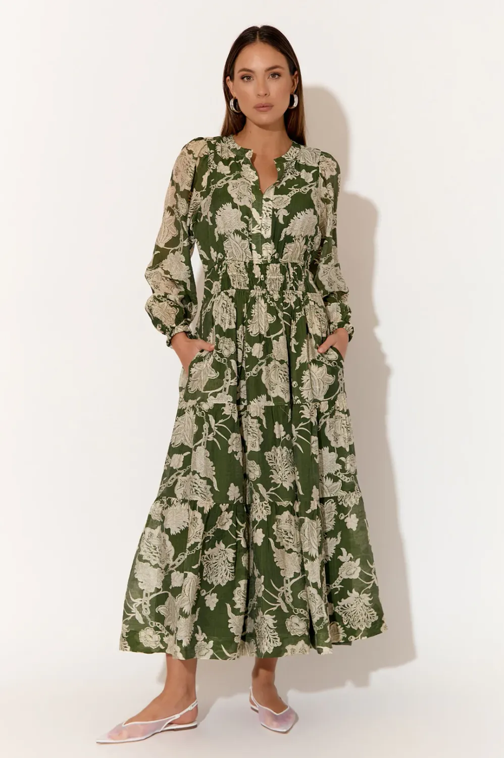 Adorne Violette Floral long sleeve green dress