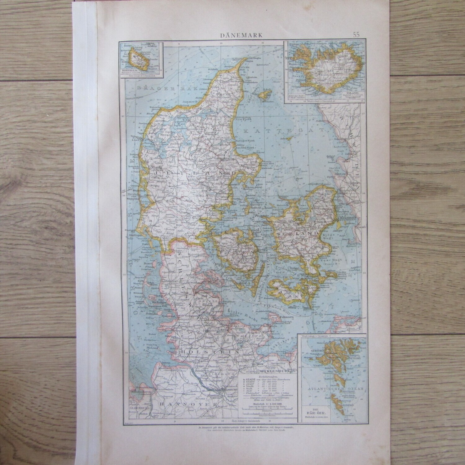Original 1901 Map of Denmark on A3 - Scaled 1 : 1500 000