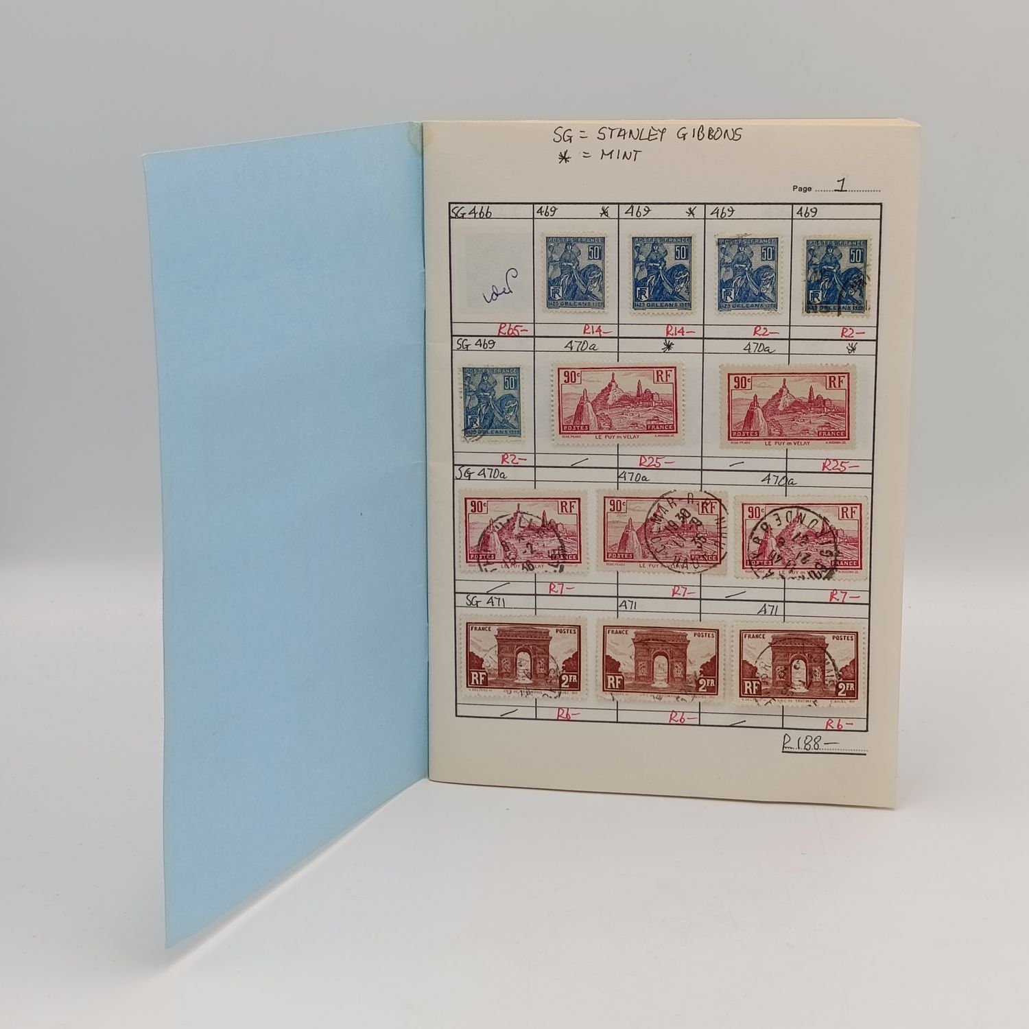France Stamp approval book with total (old) book value of R6413 - 1928-38