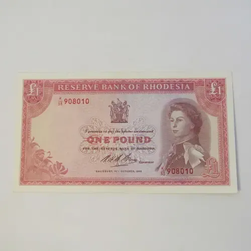Rhodesia 1968 One Pound note UNC but light creases - sold as AU note