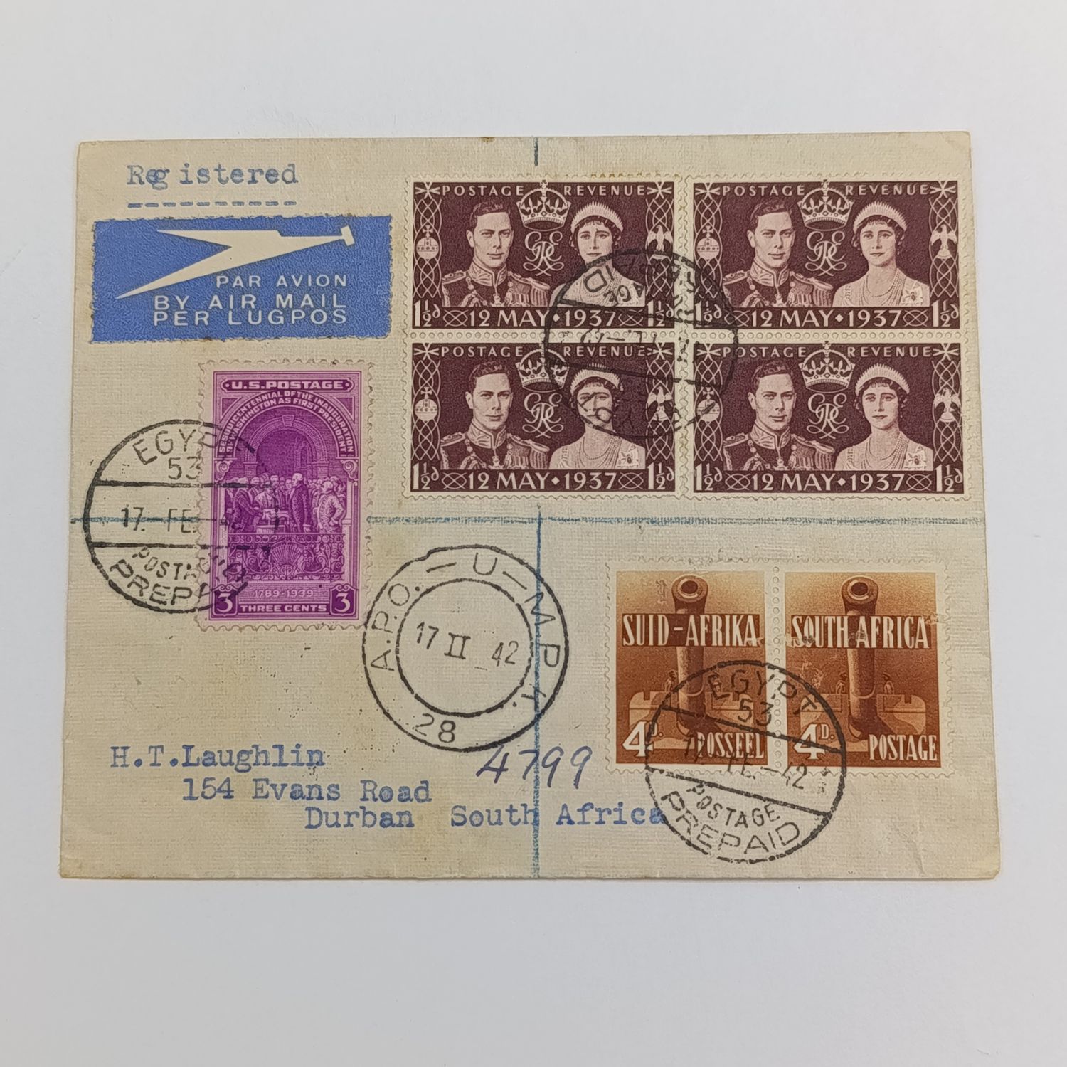 Registered airmail cover Egypt to South Africa with British, South ...