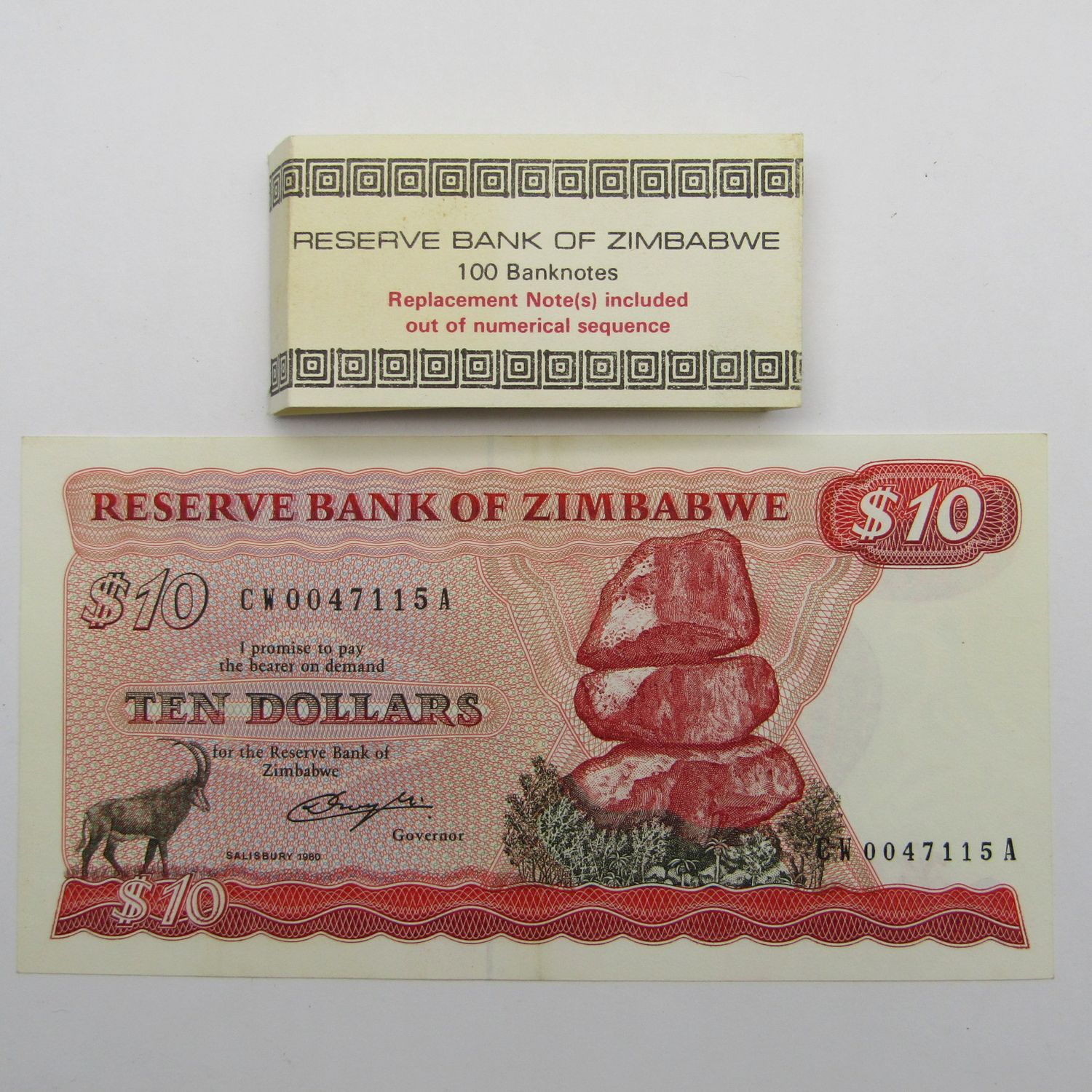 Zimbabwe $10 uncirculated Replacement banknote with original wrapper ...