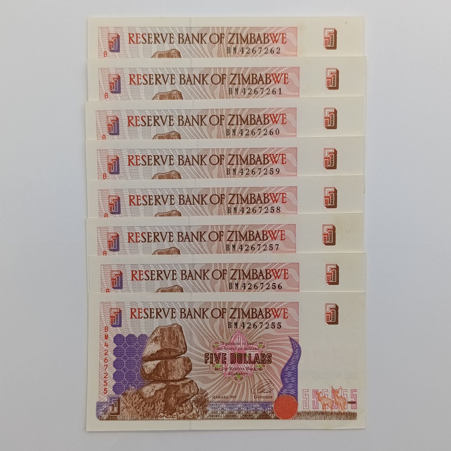 Zimbabwe $5 Harare 1997 lot of 8 banknotes with consecutive numbers ...