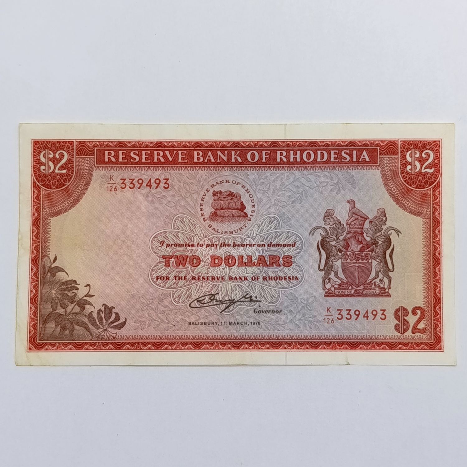 Rhodesia Two dollars banknote 1 March 1976 XF - discoloring at the back
