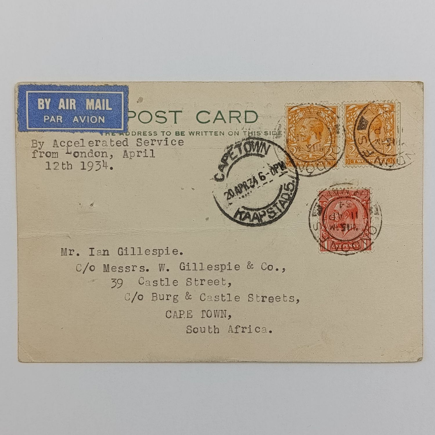 Airmail Postcard with airmail label marked "By Accelerated Service ...