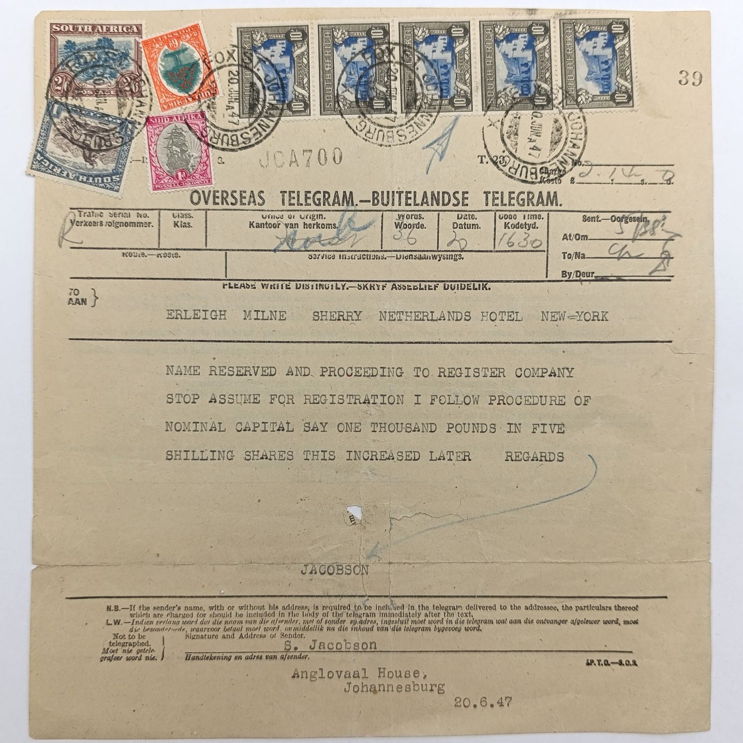 Telegram dated 1947 with 9 South African stamps - Personal Telegram ...
