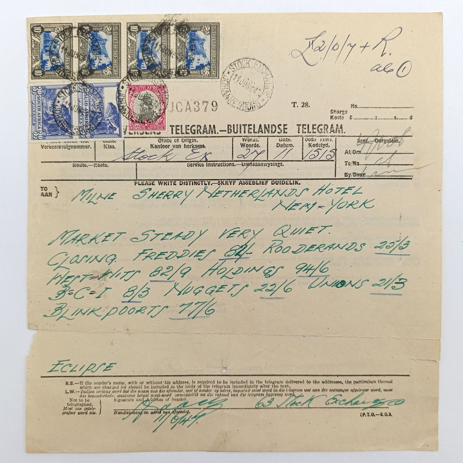 Telegram dated 1947 with 7 South African stamps - A stock report from ...