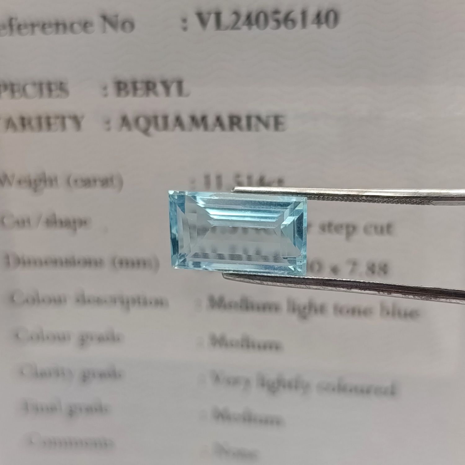 Rectangular Step Cut Aquamarine of 11,514ct with Gemlab certificate