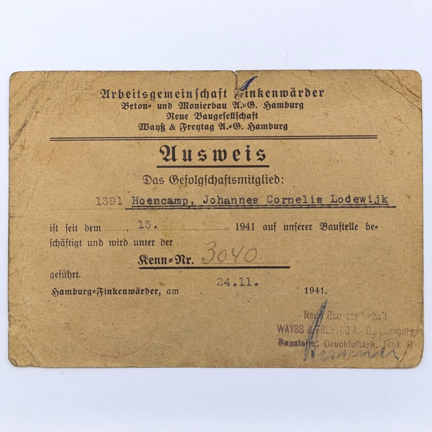 1941 WW2 Hamburg Proof of appointment as construction worker ...