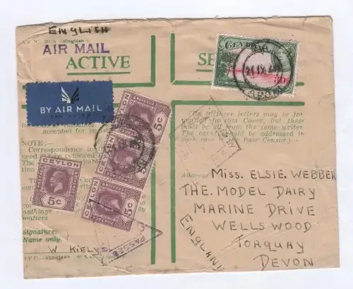 WW2 cover with Ceylon stamps used in East Africa to Devon, England ...
