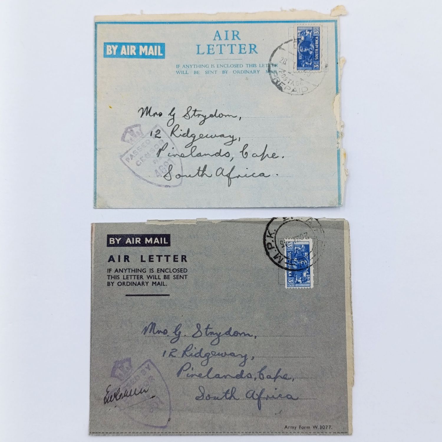 Pair of Air letters WW2 period sent by Robin Bell (Armour division) to ...