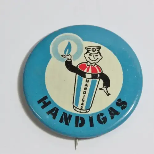 Vintage Handigas Lapel tinnie badge