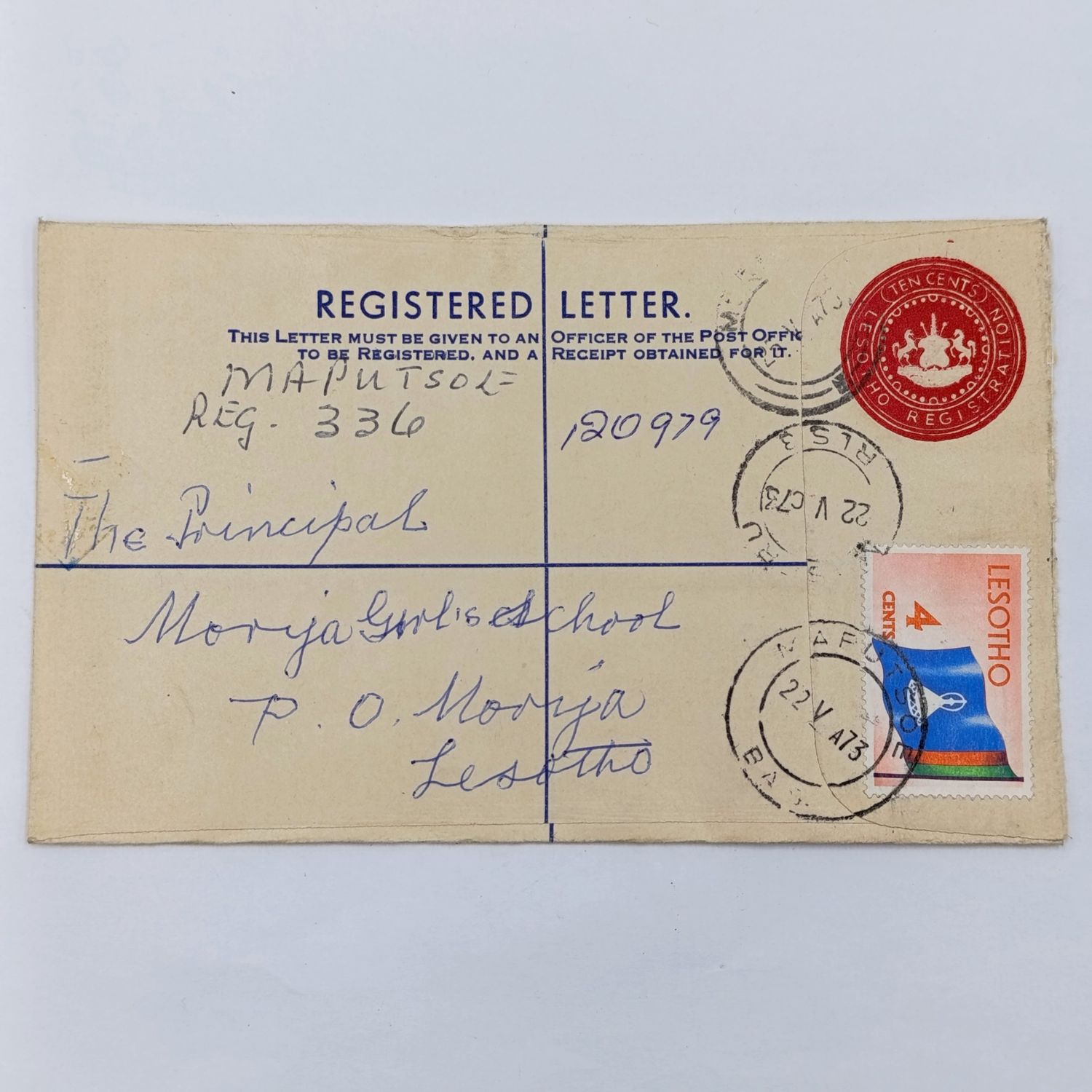 Maputsoe, Lesotho registered letter to Morija, Lesotho - with 4 cent ...