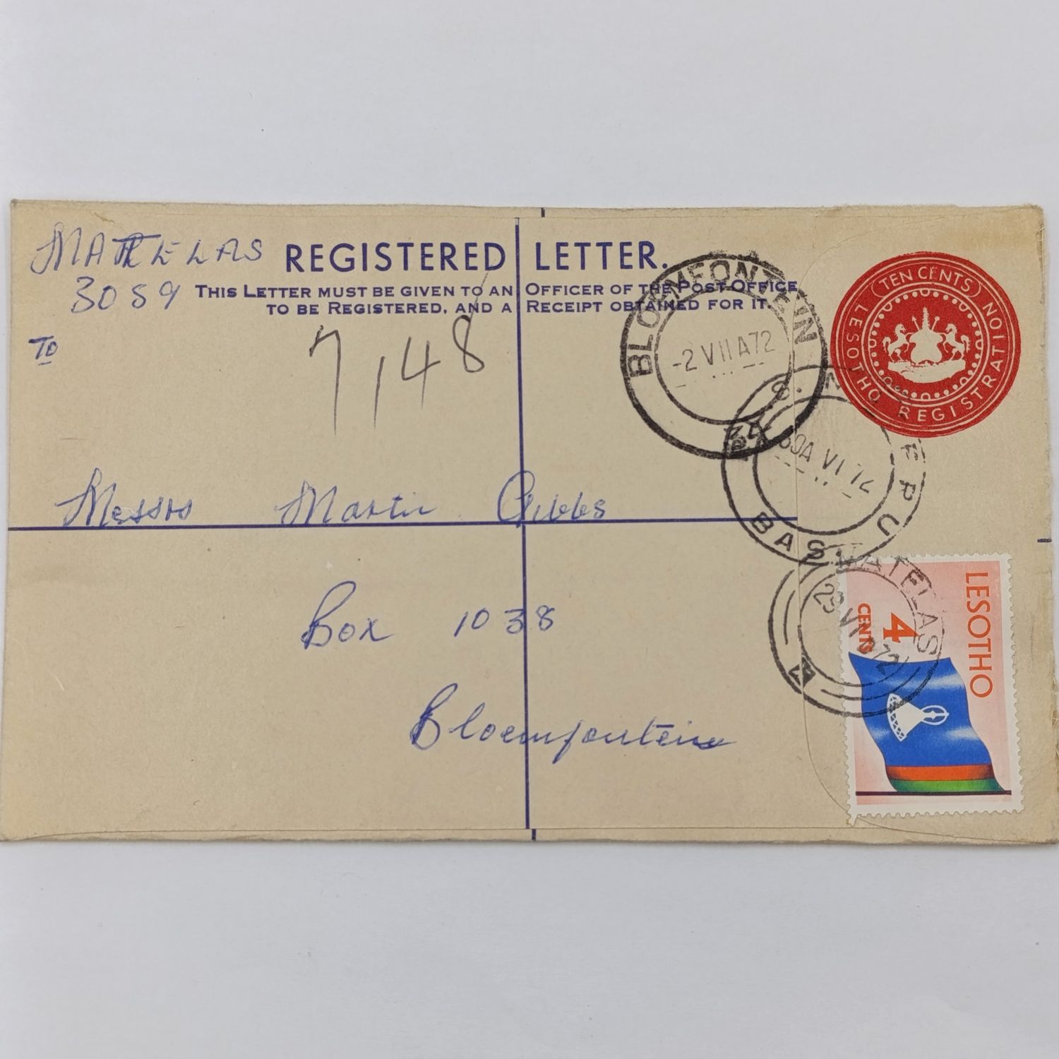 Registered Letter Matelas, Lesotho through Maseru to Bloemfontein ...