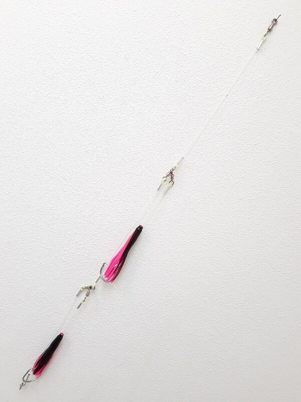 B&J Halibut Double 3W Rig w/6" Squid Skirt Pink/Blk 16/0