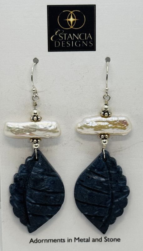 Estancia Earrings Carved Blue Coral Shells w/Biwa Pearls