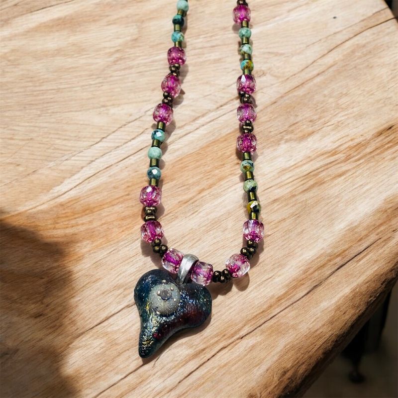 Nadeau Necklace Rake Heart Czech Glass Turquoise