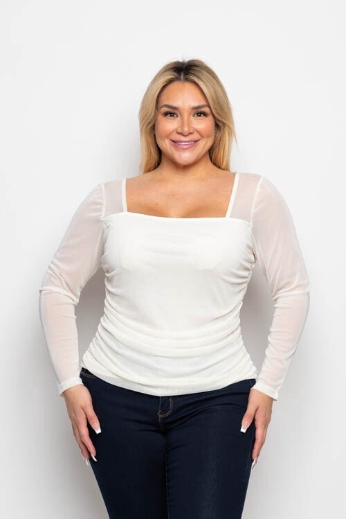 Mesh Square Neck Ruched Long Sleeve Top