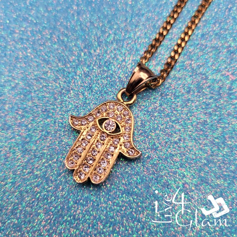 Stainless Steel Small Hamza CZ Pendant w Mini Cuban Chain