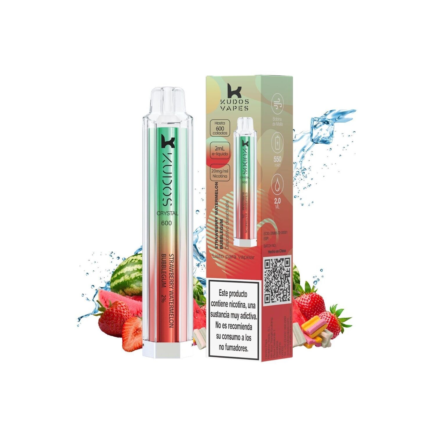 VAPE KUDOS CRYSTAL 600 STRAWBERRY WATERMELON BUBBLEGUM 20MG