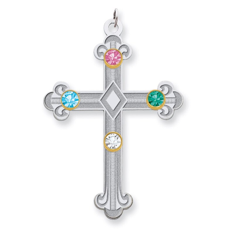 4 Birthstones Bezel Family Crystal Cross Pendant Sterling Silver & 14k ...