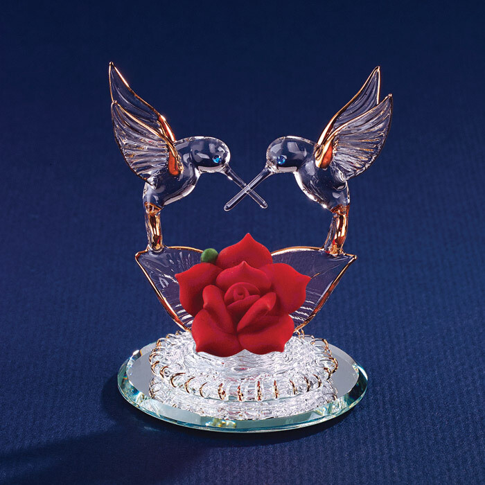 Hummingbirds & Red Rose Glass Figurine GP1129 - HomeBello
