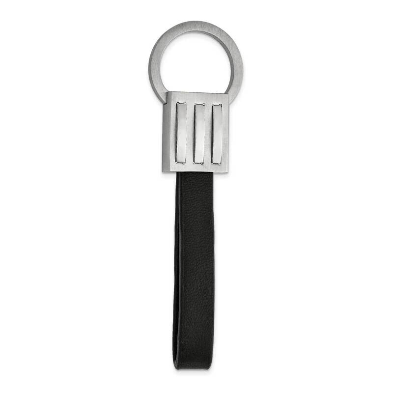 Polished Black Leather Key Ring Stainless Steel Brushed SRK175 - HomeBello