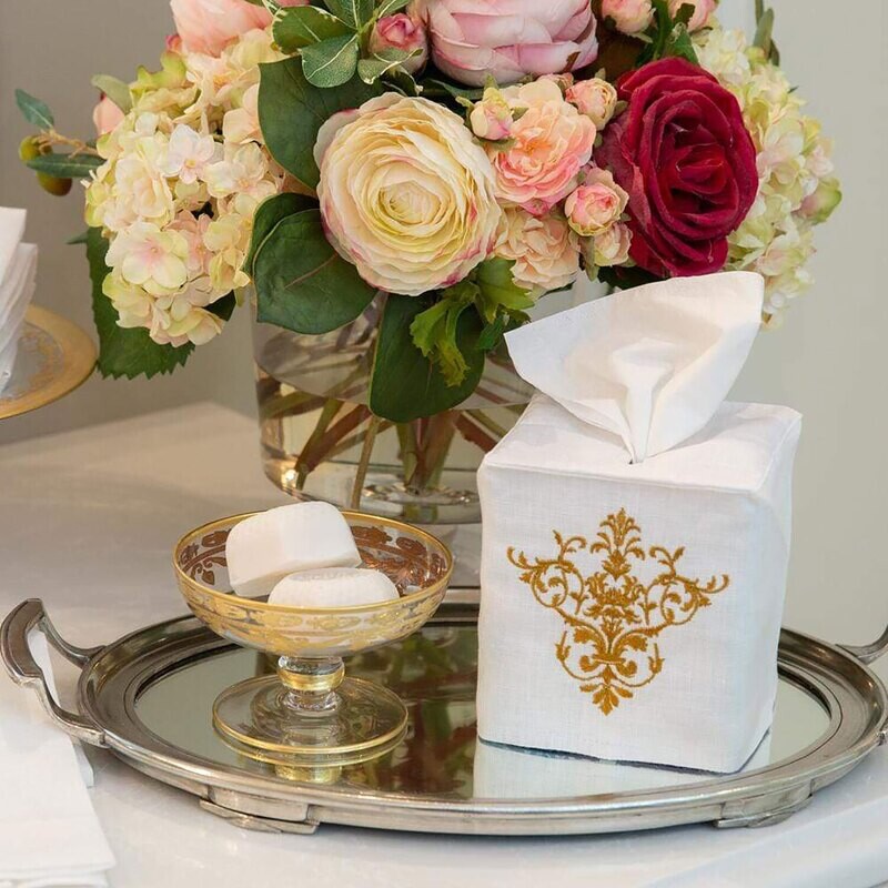 Crown Linen Designs Victorian Tissue Box Cover White Gold TB187 - HomeBello