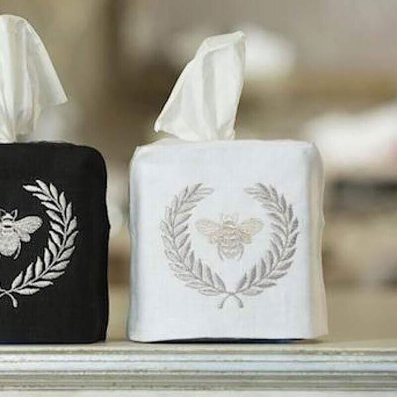 Crown Linen Designs Bumble Bee Linen Tissue Box Cover White Two-Tone TB101 - HomeBello