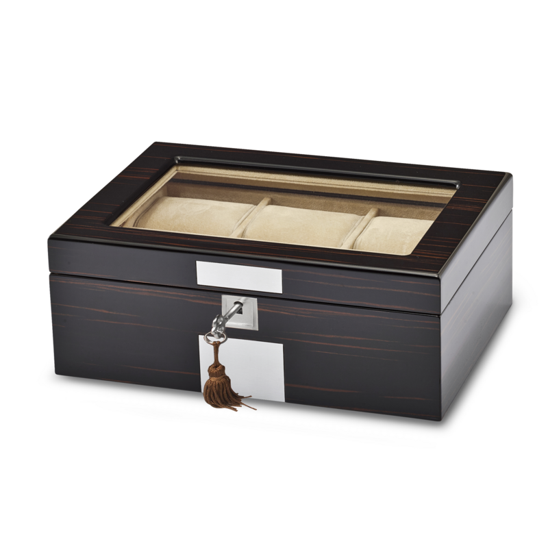 By Jere High Gloss Ebony Veneer Watch Jewelry Box with Lift-out Tray ...