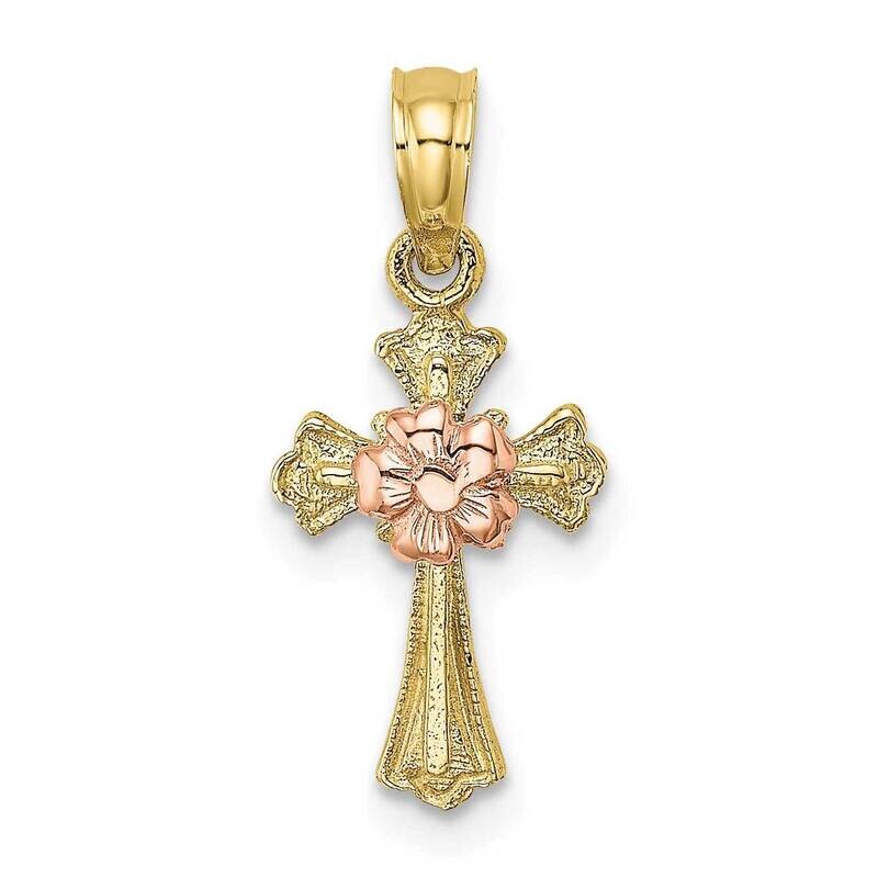 Two-Tone Cross with Small Flower Charm 10k Gold 10K9097 - HomeBello