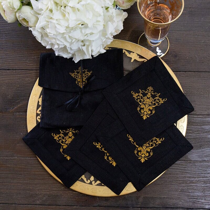 Crown Linen Designs Victorian Cocktail Napkin Set Black Gold C588 ...
