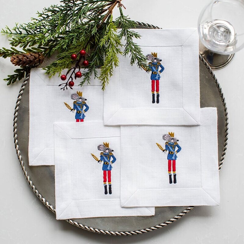 Crown Linen Designs Nutcracker Mouse Cocktail Napkin Set White C160 ...