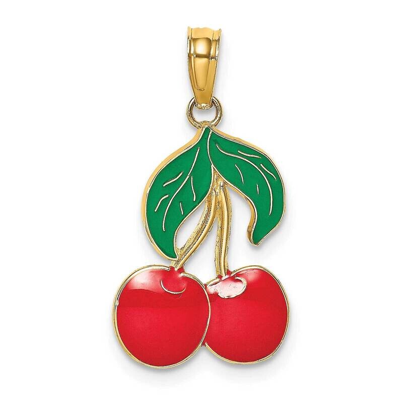 2-D Cherries with Stem Leaf Charm 14k Gold Enamel K6904 - HomeBello