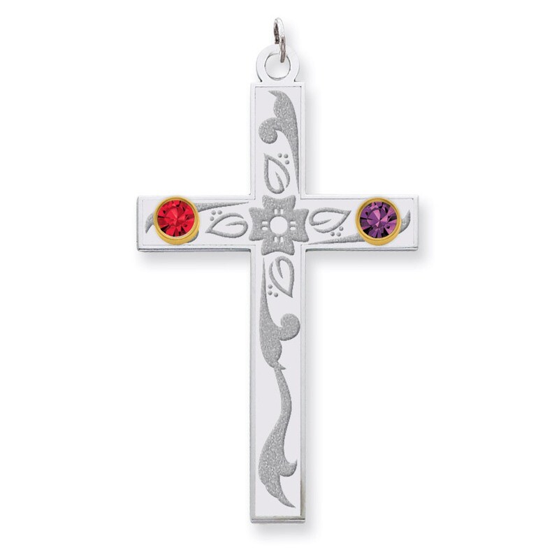 2 Birthstones Bezel Family Crystal Cross Pendant Sterling Silver & 14k ...