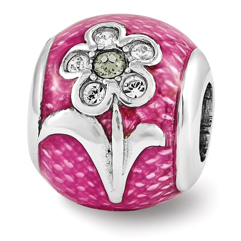 Pink Enameled with Swarovski Elements Flower Bea - Sterling Silver ...