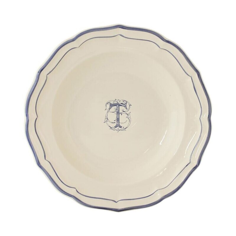 Gien Monogram Filet Bleu Rim Soup Letter T 1710ACRT22 - HomeBello