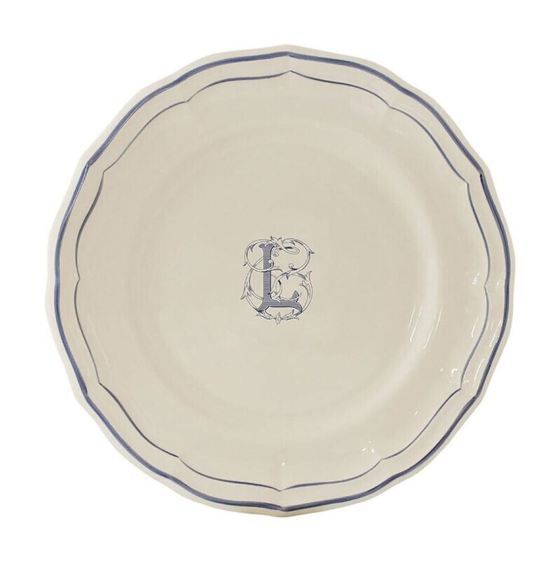Gien Monogram Filet Bleu Dessert Plate Letter L 1710ADEL22 - HomeBello