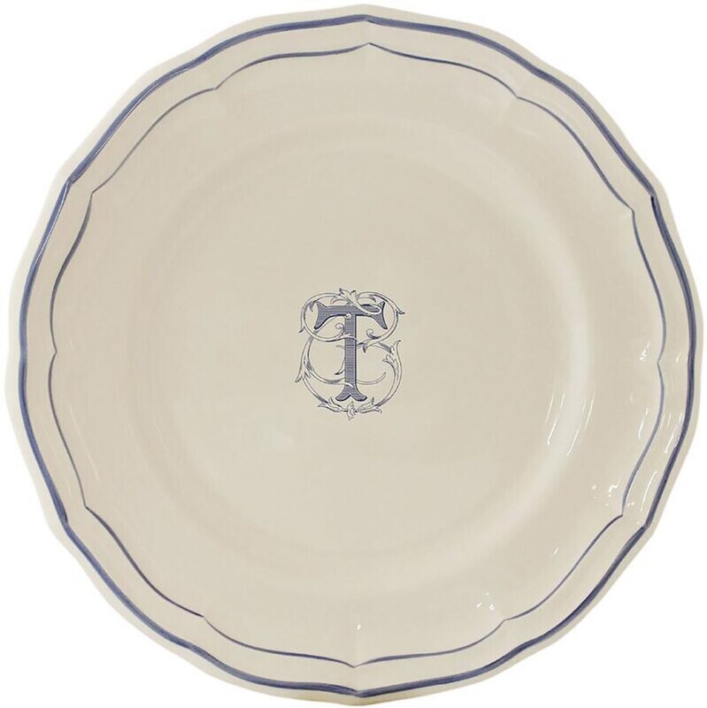 Gien Monogram Filet Bleu Dinner Plate Letter T 1710AEXT22 - HomeBello
