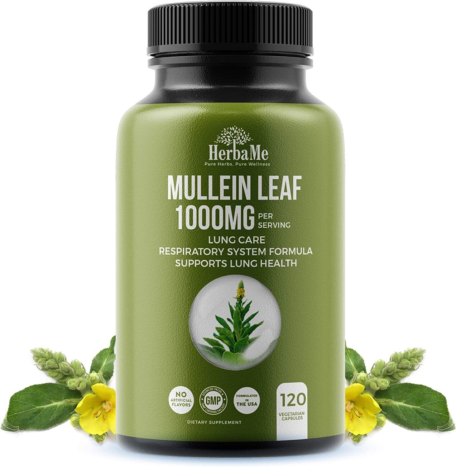 HerbaMe Mullein Leaf 1000mg, 120 Capsules, Detox Lung Cleanse, Supports ...
