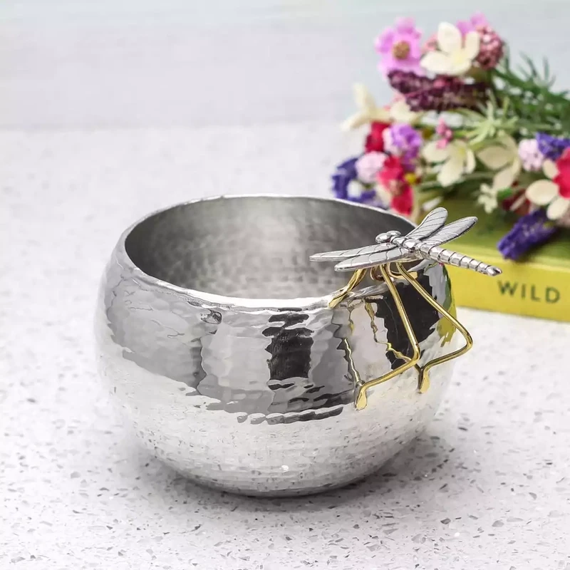 Large Hammered Pewter Bowl With Dragonfly by Jim Stringer