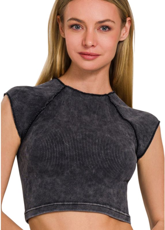 Zenana Black Ribbed Tween Round Neck Top