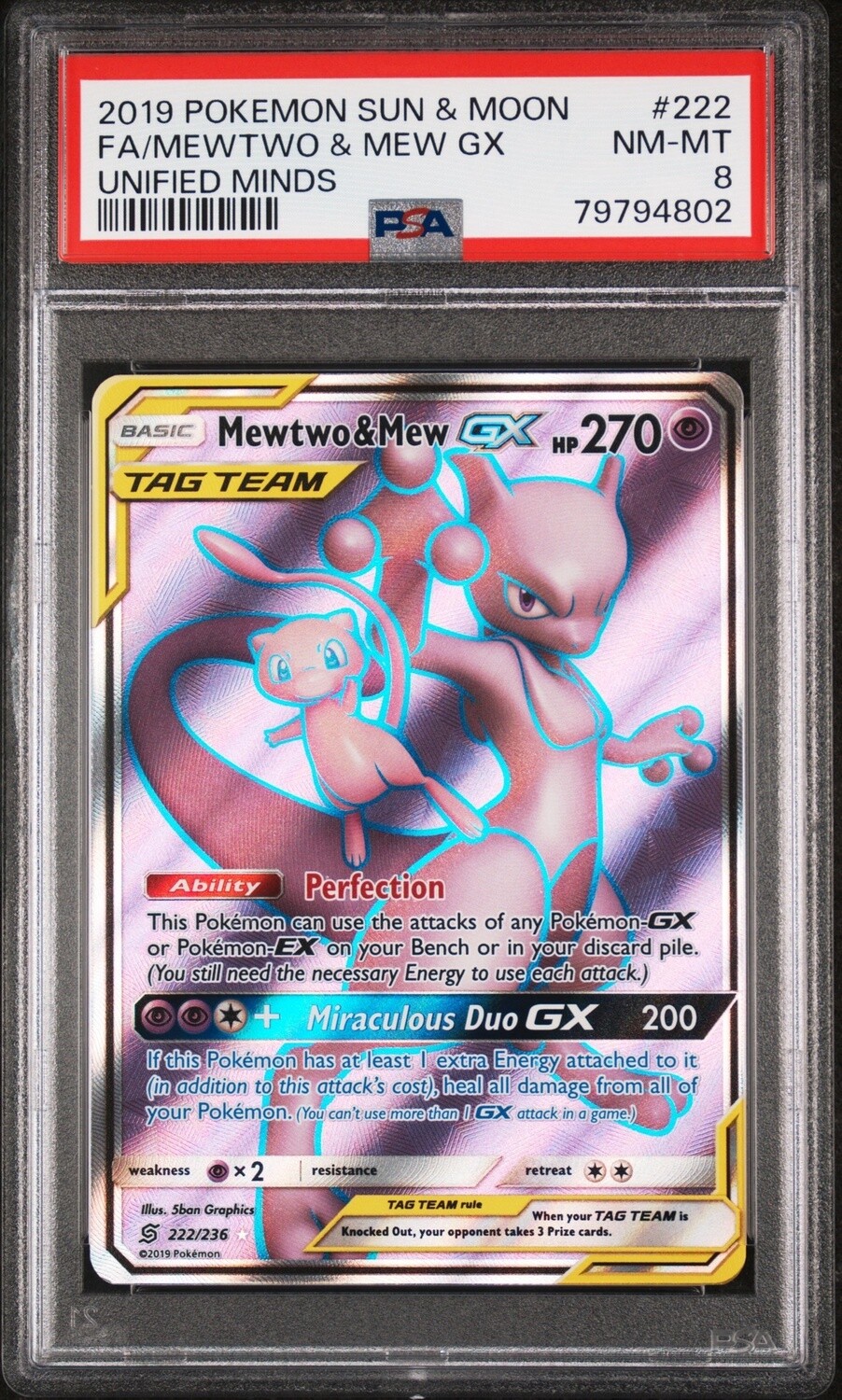 2019 Pokemon Sun and Moon Unified Minds Mewtwo & Mew Tag Team Gx #222 PSA 8