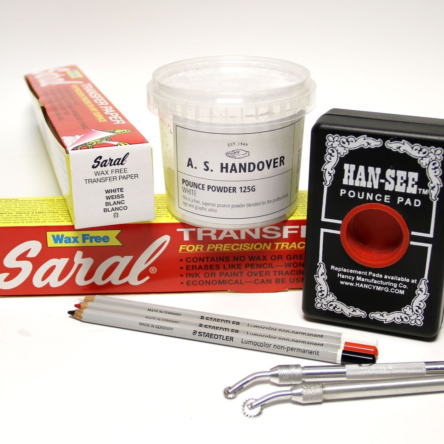 Saral Papier, Pounce Pad, Stifte und mehr