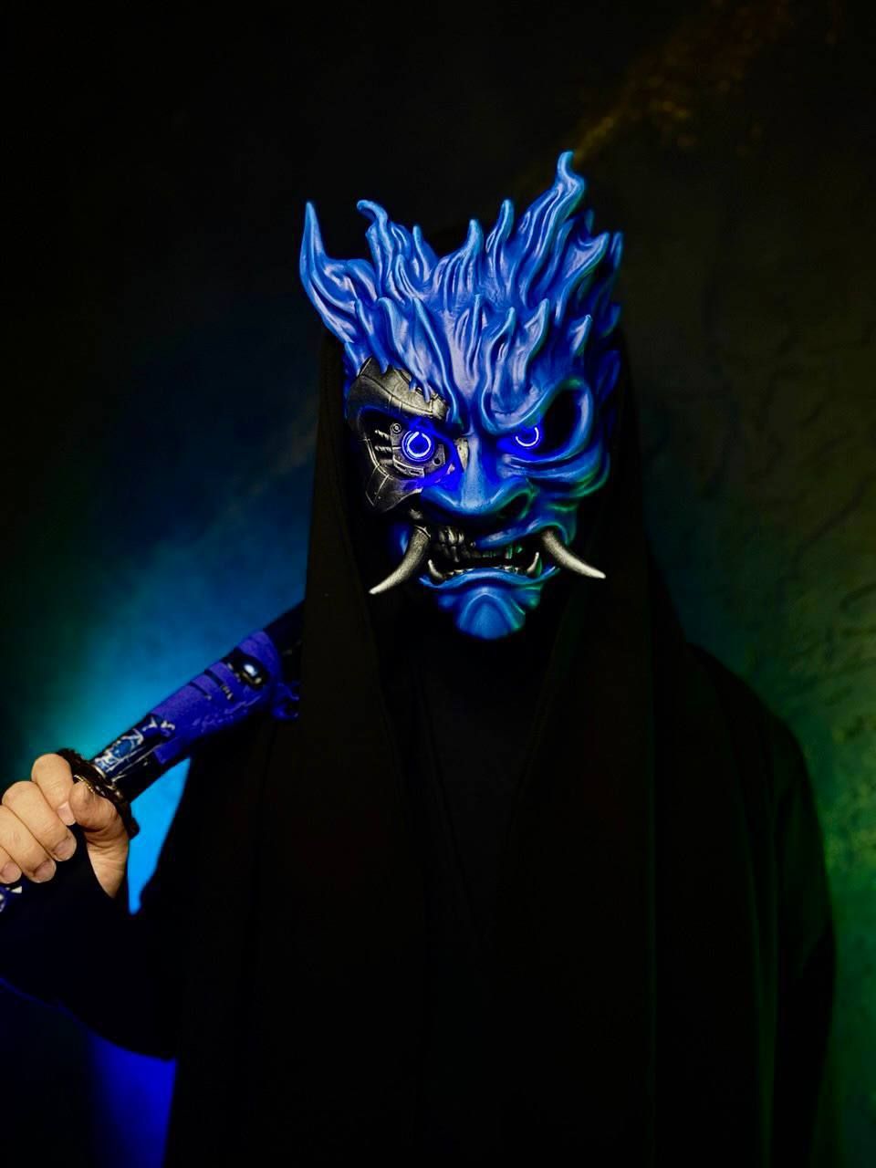 Cyberpunk Oni Mask with LED: Sapphire Blue