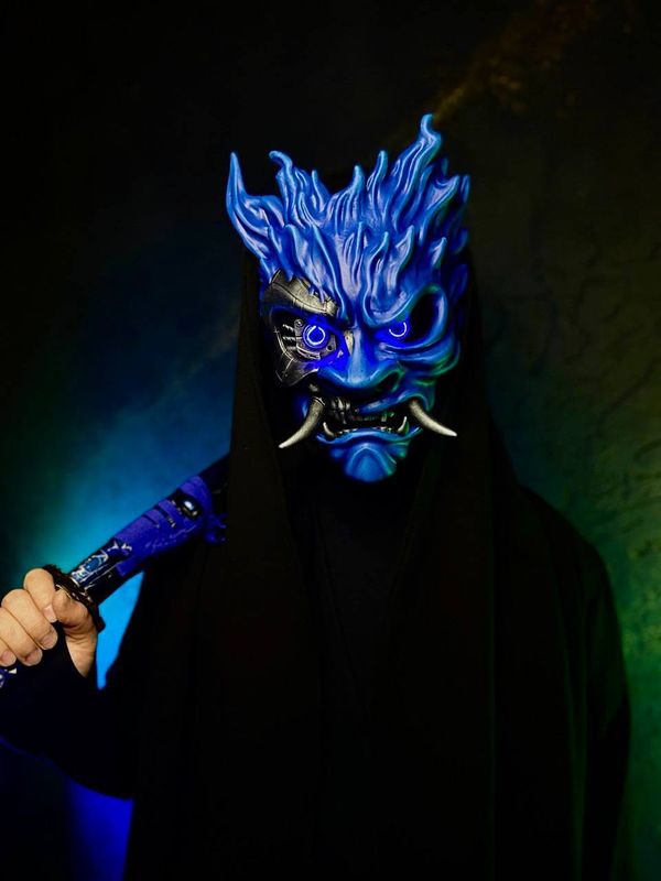 Cyberpunk Oni Mask with LED: Sapphire Blue